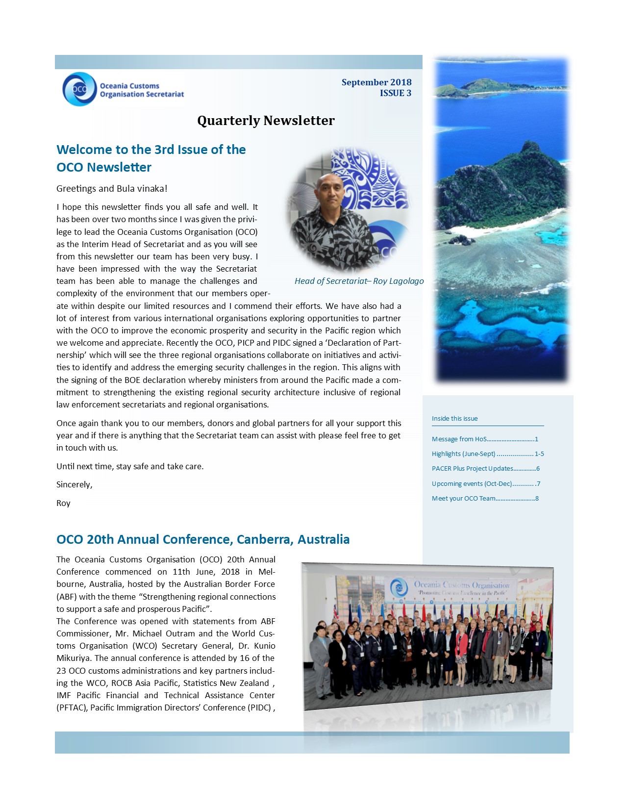 OCO NEWSLETTER & PACER PLUS PROJECT UPDATE ISSUE 3 - Oceania Customs ...